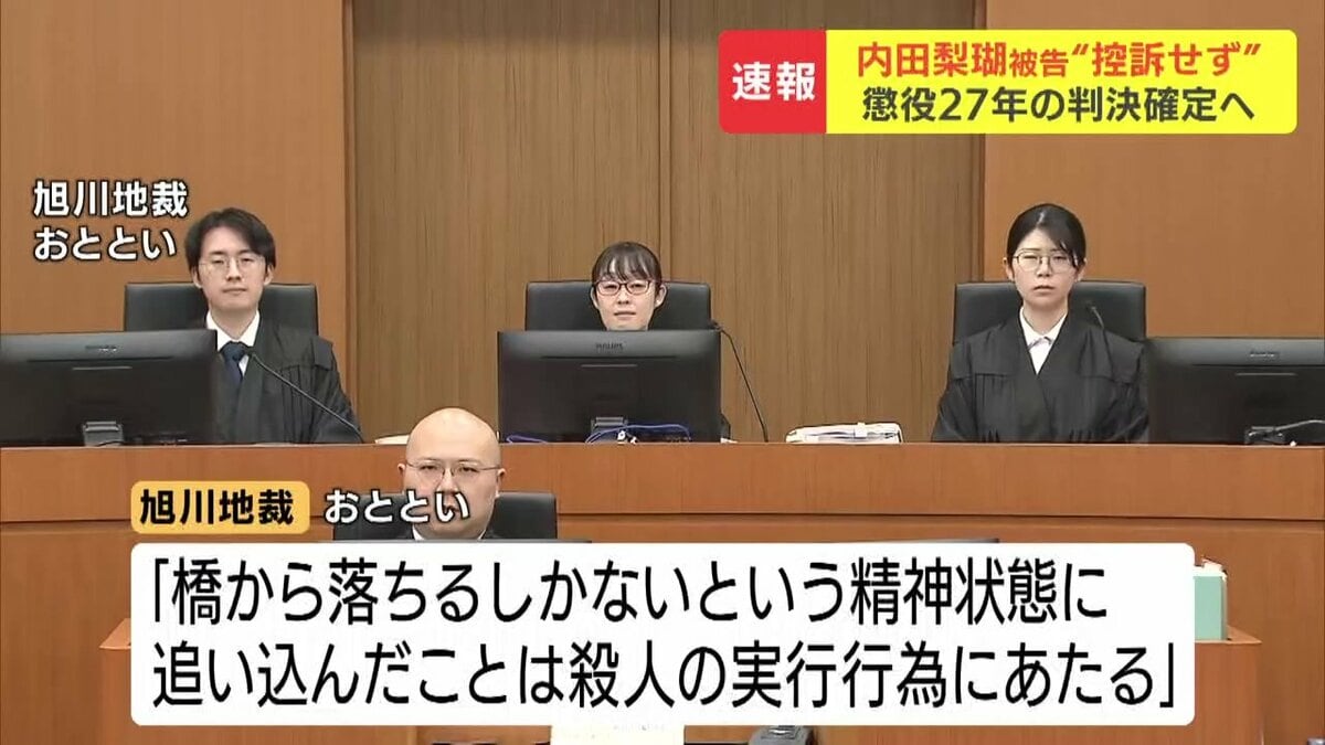 懲役27年の判決を受けた内田梨瑚被告（23）が控訴しない方針 判決確定へ 控訴期限は7月6日【旭川女子高校生殺害】（HBC北海道放送ニュース ...