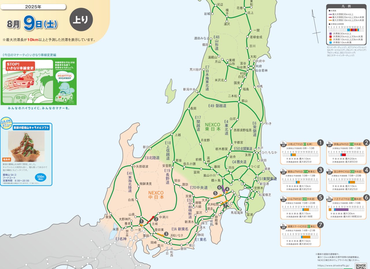 【お盆 9日に混雑するのはどこ？】相模湖IC付近で最長40キロ 東北道～関越道～中央道～東名～名神～中国道～山陽道～九州道【NEXCO東日本・中日本・西日本 高速道路 渋滞予測2025 ...